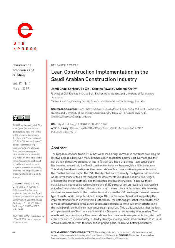 (PDF) Lean Construction Implementation in the Saudi Arabian ...