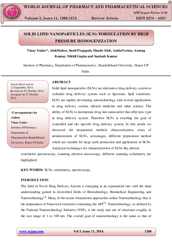 Pdf Solid Lipid Nanoparticles Sln Formulation By High Pressure Homogenization