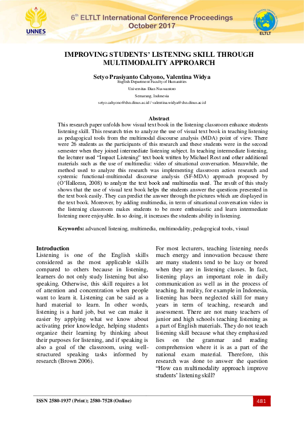 Pdf Improving Students Listening Skill Through Multimodality Approarch