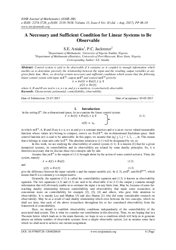 Pdf A Necessary And Sufficient Condition For Linear Systems To Be Observable