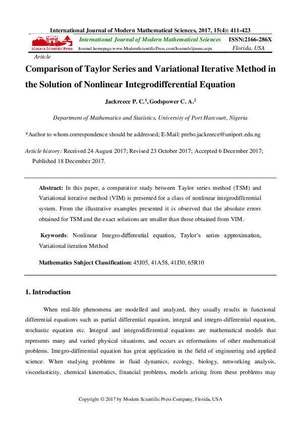 Pdf Comparison Of Taylor Series And Variational Iterative Method In The Solution Of Nonlinear