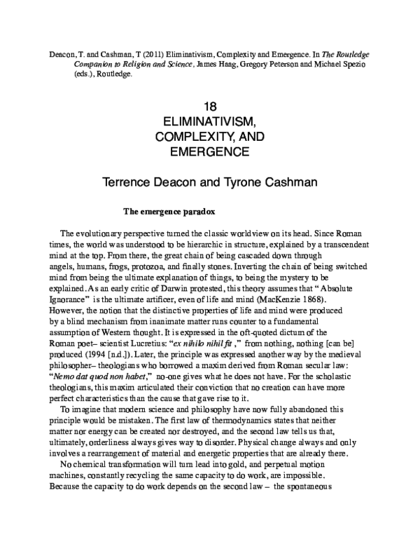 (PDF) Eliminativism, Complexity, and Emergence (PDF) Eliminativism, Complexity, and Emergence