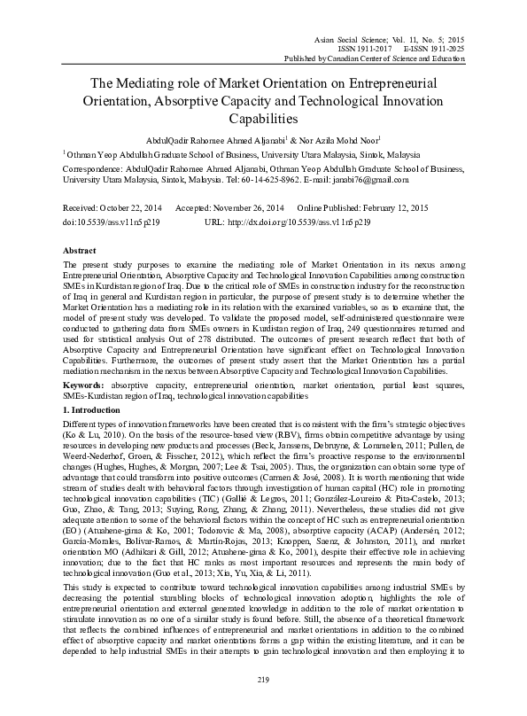 (PDF) The Mediating role of Market Orientation on Entrepreneurial Orientation, Absorptive ...