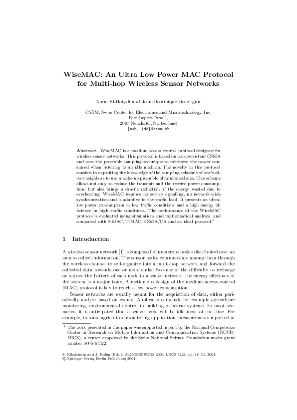 (PDF) WiseMAC: An Ultra Low Power MAC Protocol for Multi-hop Wireless Sensor Networks