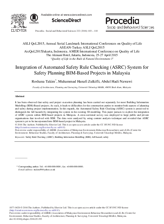 (PDF) Integration of Automated Safety Rule Checking (ASRC) System for Safety Planning BIM-Based ...
