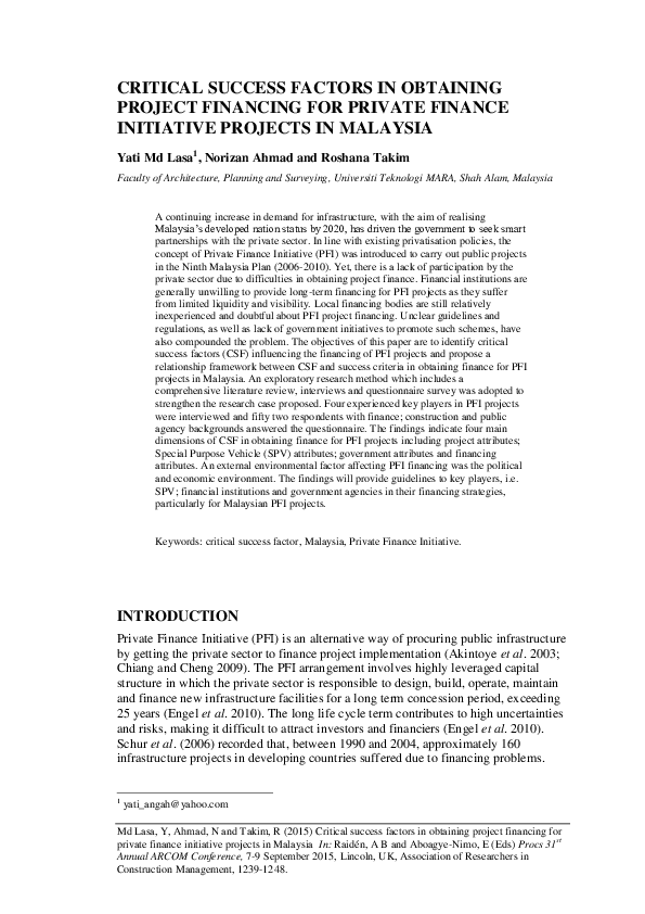 (PDF) CRITICAL SUCCESS FACTORS IN OBTAINING PROJECT FINANCING FOR PRIVATE FINANCE INITIATIVE ...