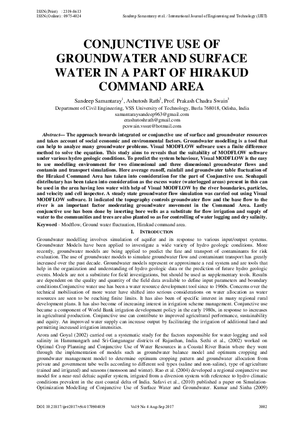 (PDF) CONJUNCTIVE USE OF GROUNDWATER AND SURFACE WATER IN A PART OF HIRAKUD COMMAND AREA