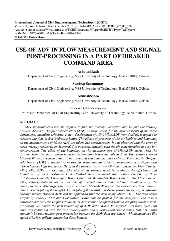 Pdf Use Of Adv In Flow Measurement And Signal Post Processing In A