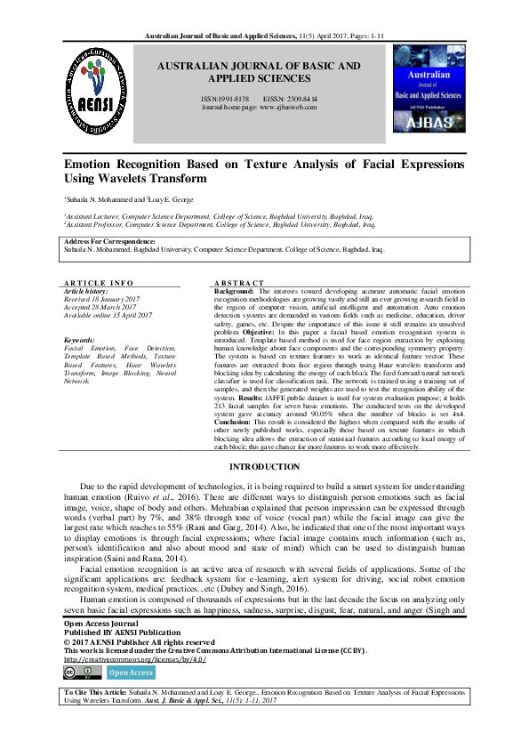 (PDF) Emotion Recognition Based on Texture Analysis of Facial Expressions Using Wavelets Transform