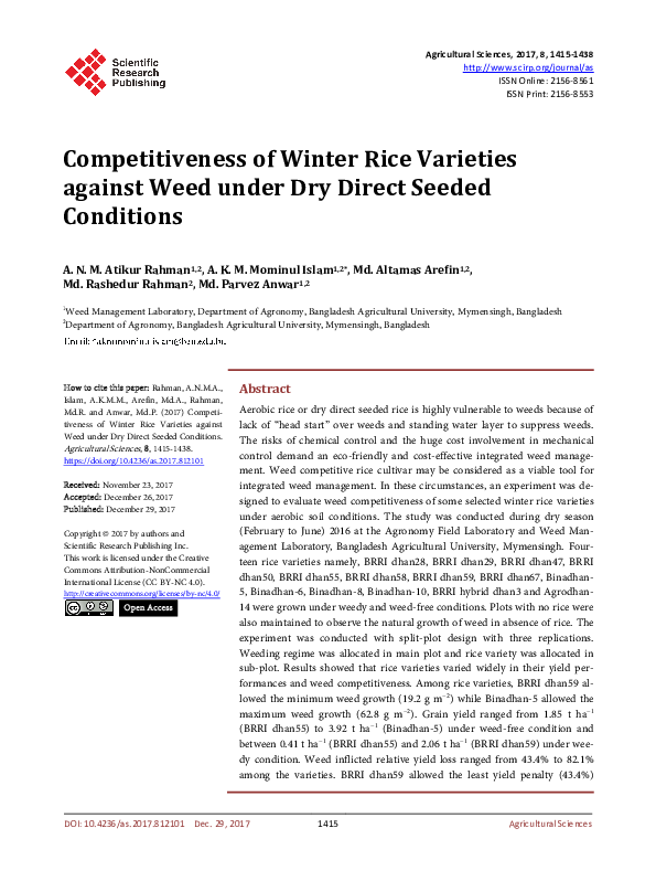 (PDF) Competitiveness of Winter Rice Varieties against Weed under Dry ...