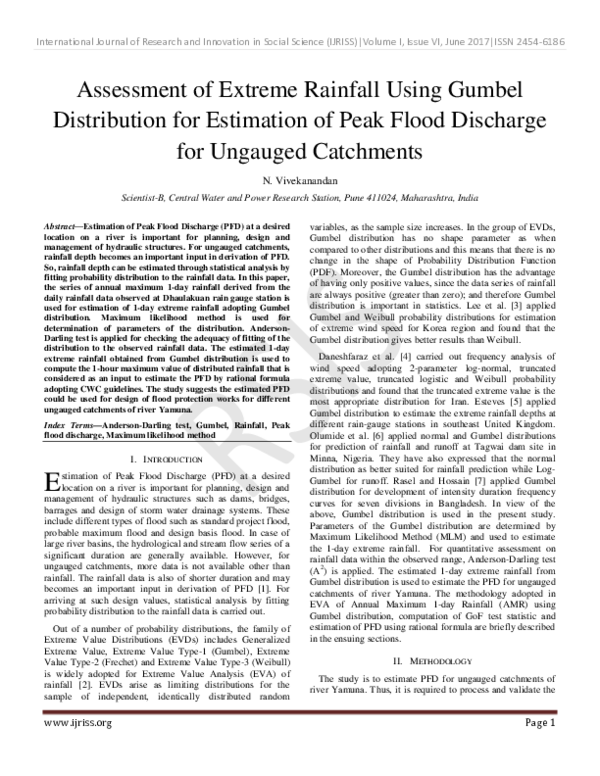 (PDF) Assessment of Extreme Rainfall Using Gumbel Distribution for Estimation of Peak Flood ...