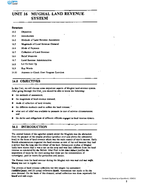 (PDF) UNIT 16 MUGHAL LAND REVENUE SYSTEM Structure
