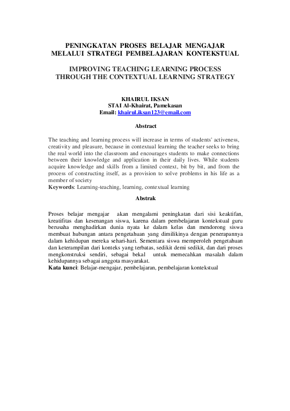 (PDF) PENINGKATAN PROSES BELAJAR MENGAJAR MELALUI STRATEGI PEMBELAJARAN KONTEKSTUAL IMPROVING ...