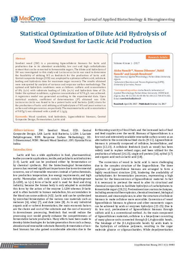 (PDF) Statistical Optimization of Dilute Acid Hydrolysis of Wood Sawdust for Lactic Acid Production
