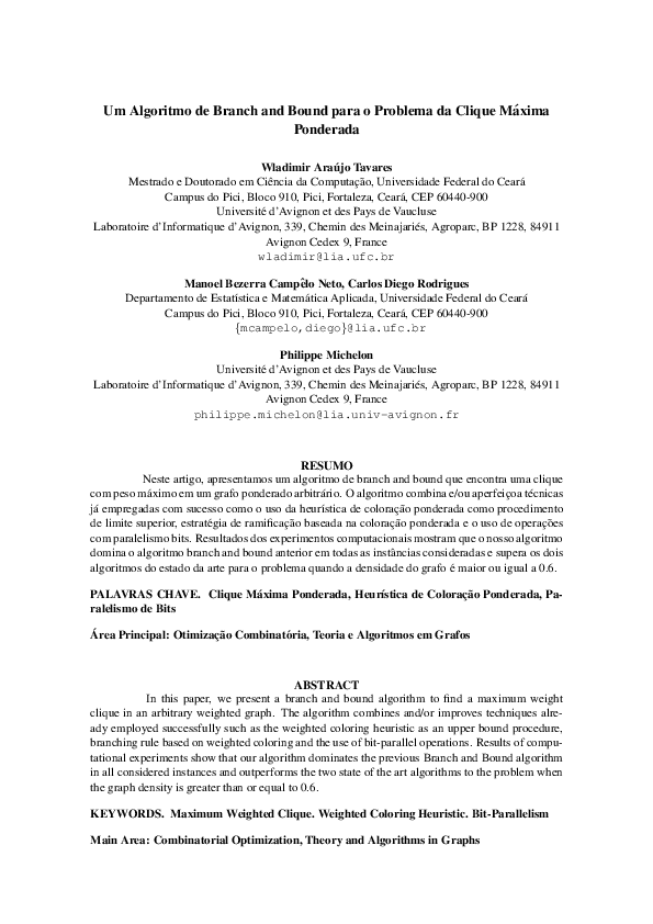 (PDF) Um Algoritmo de Branch and Bound para o Problema da Clique Máxima Ponderada