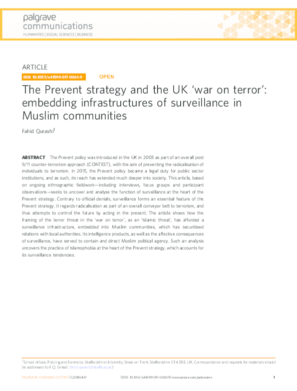 (PDF) The Prevent strategy and the UK 'war on terror': embedding ...
