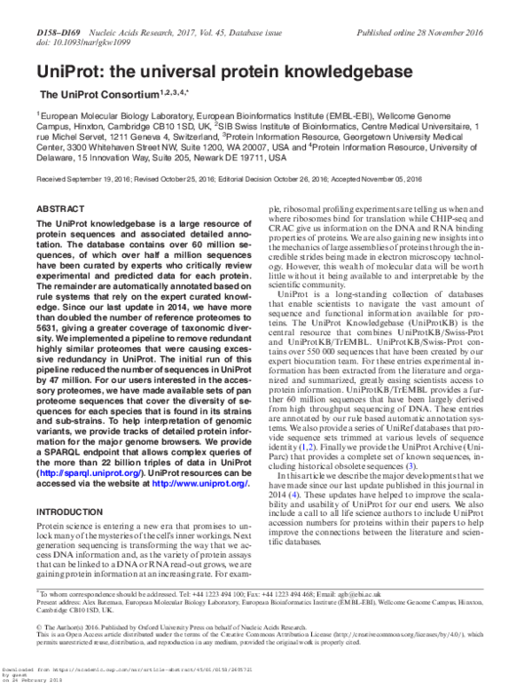 UniProt: the universal protein knowledgebase