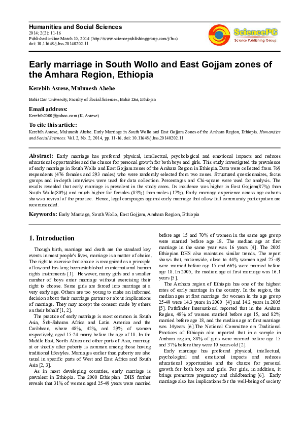 (PDF) Early Marriage in South Wollo and East Gojjam Zones of the Amhara ...