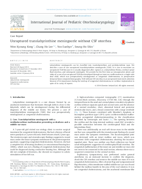 (PDF) Unruptured translabyrinthine meningocele without CSF otorrhea