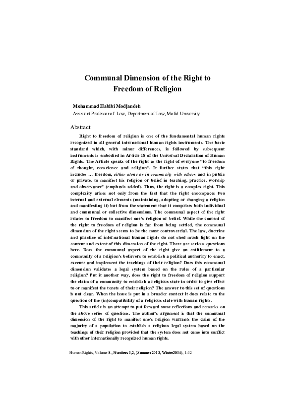 (PDF) Communal Dimension of the Right to Freedom of Religion | The ...