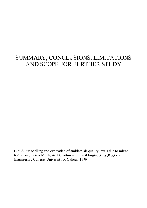 (PDF) SUMMARY, CONCLUSIONS, LIMITATIONS AND SCOPE FOR FURTHER STUDY