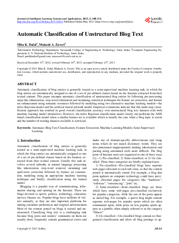 Pdf Automatic Classification Of Unstructured Blog Text Mukesh Zaveri