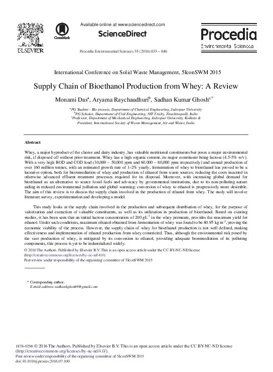 (PDF) Supply Chain of Bioethanol Production from Whey: A Review