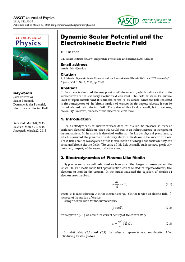 (PDF) Dynamic Scalar Potential and the Electrokinetic Electric Field ...