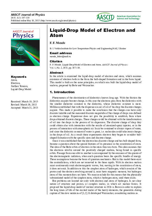 (PDF) Liquid-Drop Model of Electron and Atom