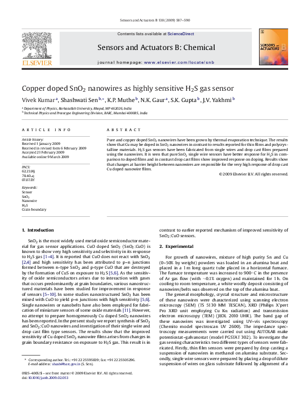 (PDF) Copper doped SnO2 nanowires as highly sensitive H2S gas sensor