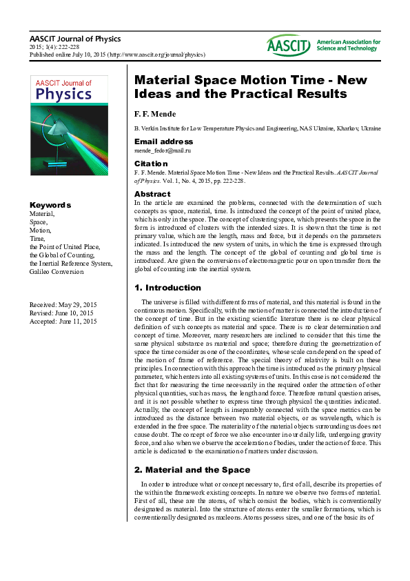 (PDF) Material Space Motion Time -New Ideas and the Practical Results