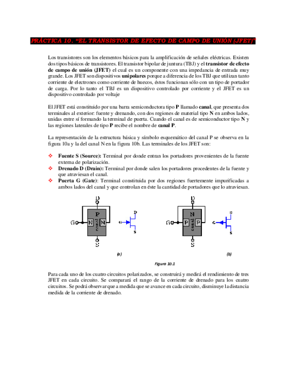 (DOC) PRÁCTICA 10. " EL TRANSISTOR DE EFECTO DE CAMPO DE UNIÓN (JFET)