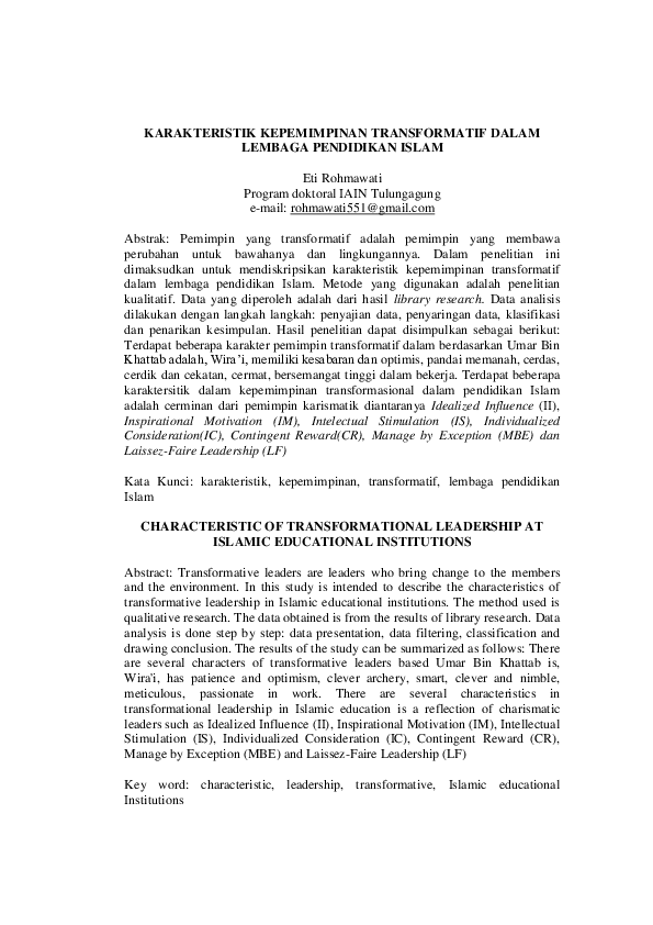 (DOC) Jurnal KARAKTERISTIK KEPEMIMPINAN TRANSFORMATIF DALAM LEMBAGA PENDIDIKAN ISLAM