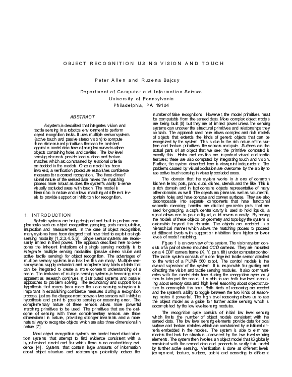 (PDF) Object recognition using vision and touch