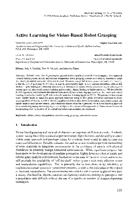 (PDF) Active learning for vision-based robot grasping