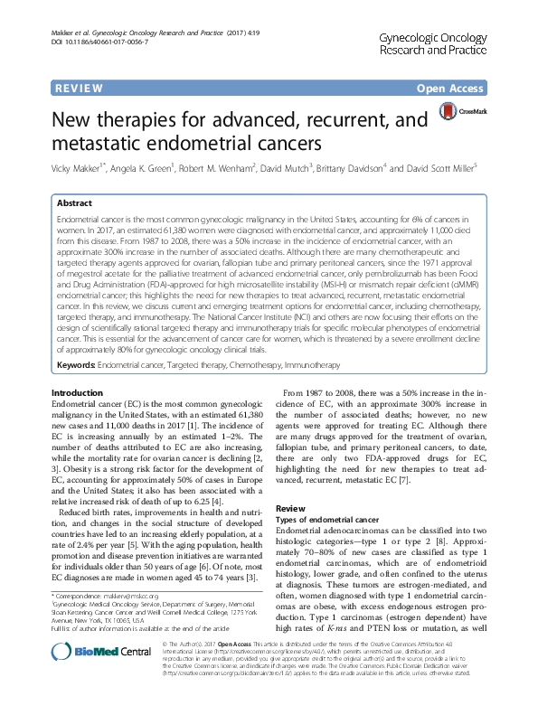 Pdf New Therapies For Advanced Recurrent And Metastatic Endometrial