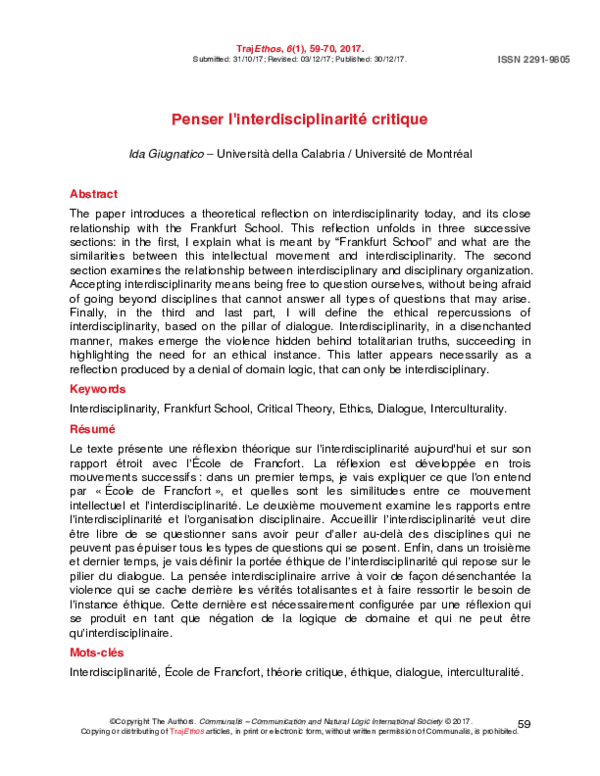 (PDF) Penser l'interdisciplinarité critique