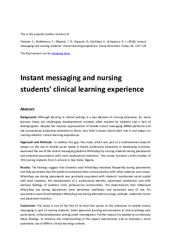 (PDF) Instant messaging and nursing students' clinical learning experience