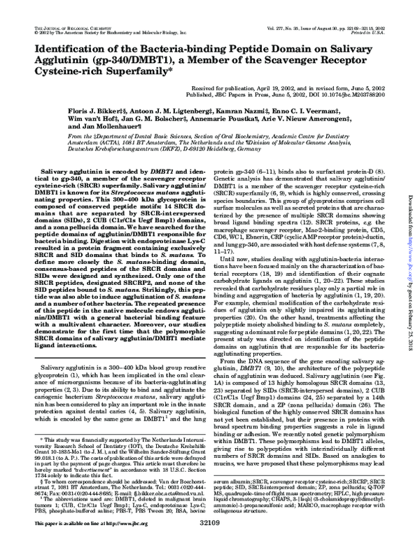 (PDF) Salivary Agglutinin, Which Binds Streptococcus mutansand ...