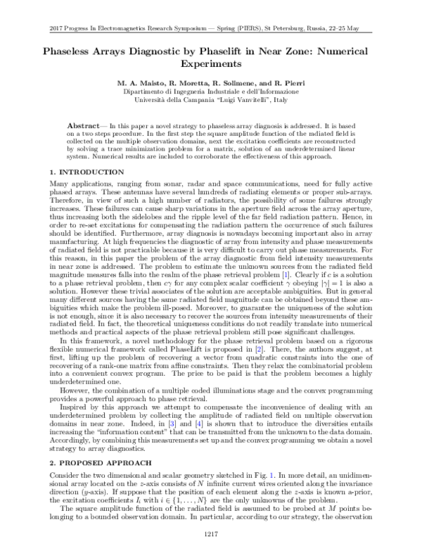 Pdf Phaseless Arrays Diagnostic By Phaselift In Near Zone Numerical Experiments