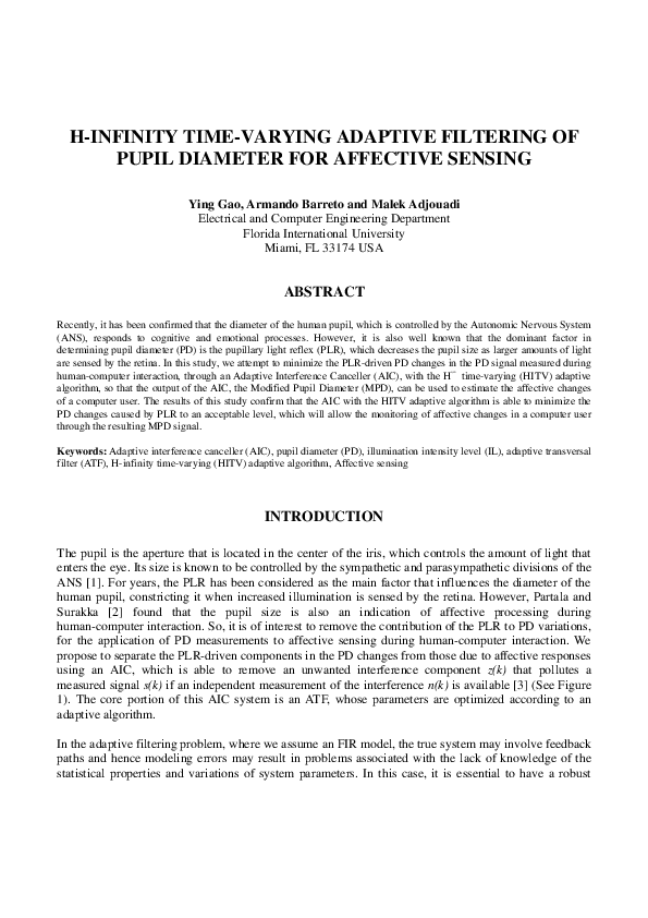 Pdf H Infinity Time Varying Adaptive Filtering Of Pupil Diameter For Affective Sensing