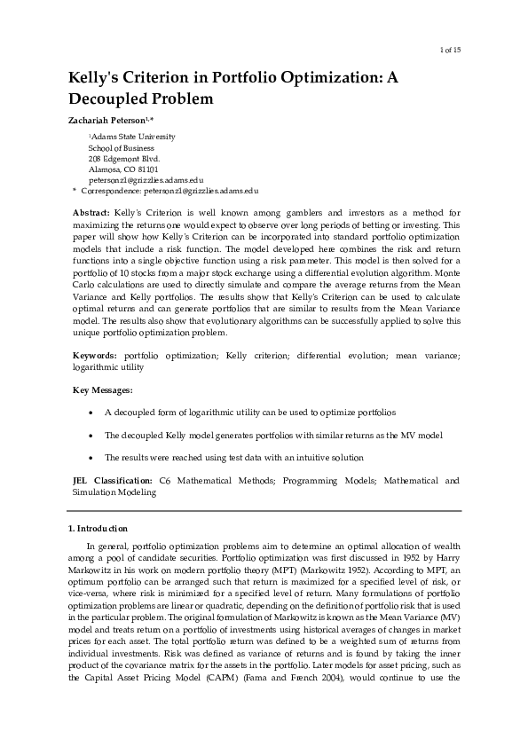 (PDF) Kelly's Criterion in Portfolio Optimization: A Decoupled Problem