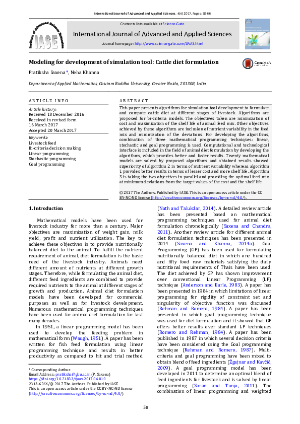 (PDF) Modeling for development of simulation tool: Cattle diet formulation