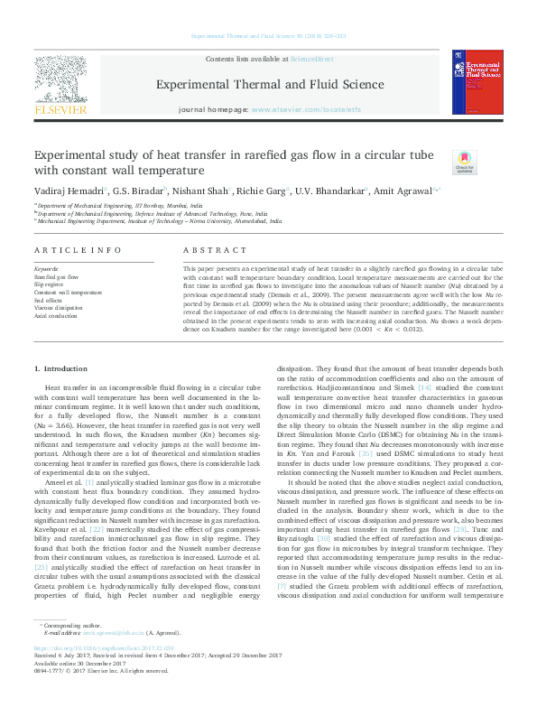 (PDF) Experimental study of heat transfer in rarefied gas flow in a ...