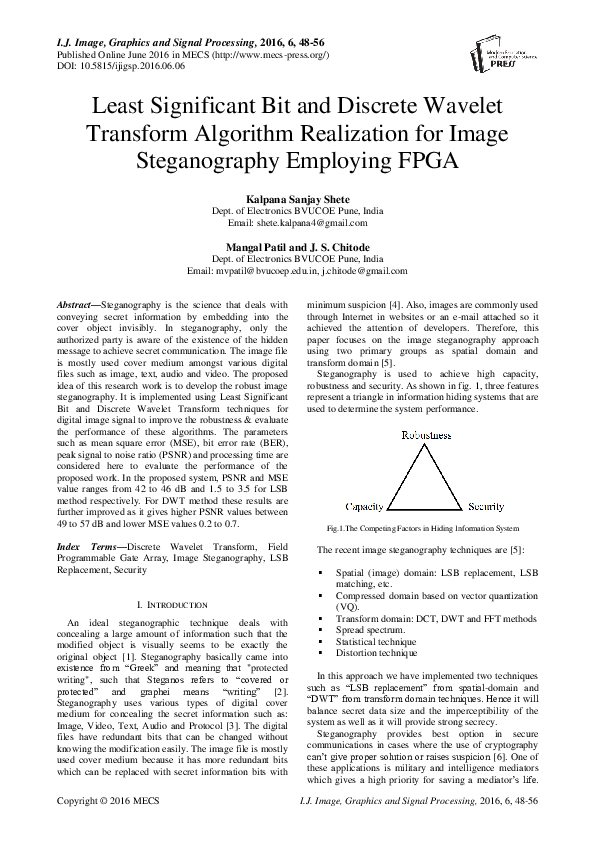 Pdf Least Significant Bit And Discrete Wavelet Transform Algorithm Realization For Image