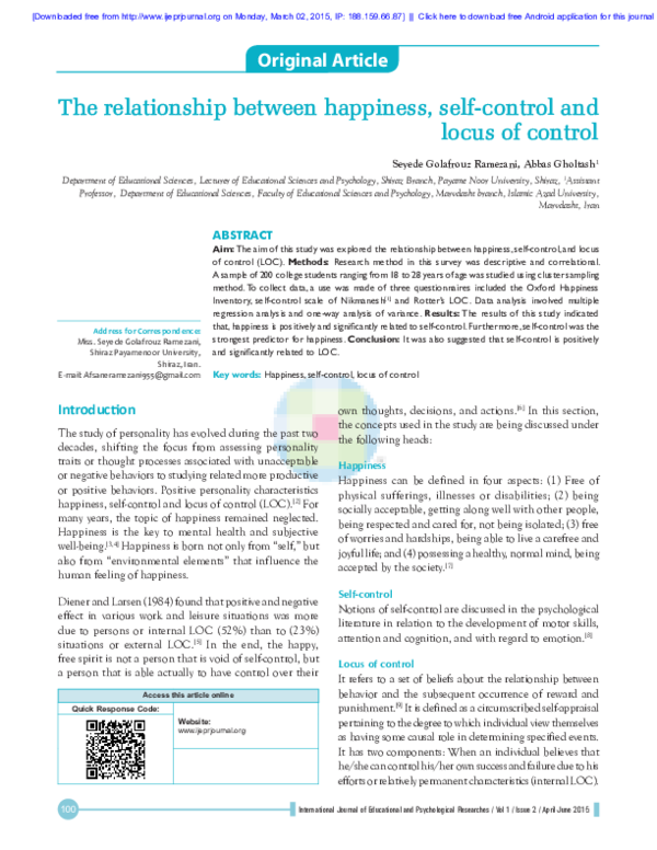 (PDF) The relationship between happiness, self‑control and locus of control