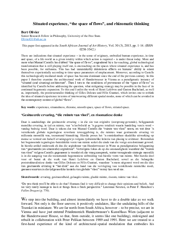 (PDF) Situated experience, " the space of flows " , and rhizomatic thinking