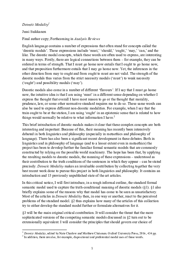 (PDF) Deontic Modality: A Review of N. Charlow and M. Chrisman's (eds ...