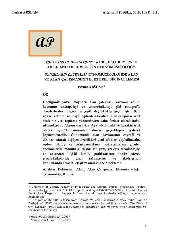 (PDF) Ferhat ARSLAN - THE CLASH OF DEFINITIONS: A CRITICAL REVIEW OF FIELD AND FIELDWORK IN ...