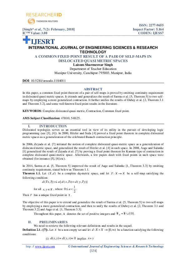 Pdf A Common Fixed Point Result Of A Pair Of Self Maps In Dislocated